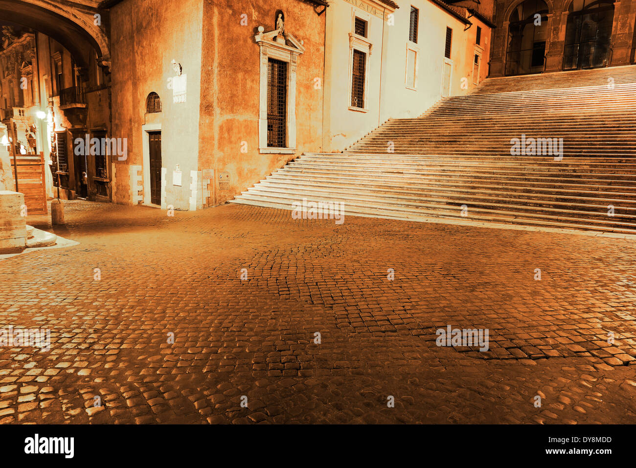 Night view of Roman street and stairway and building facades Rome ...