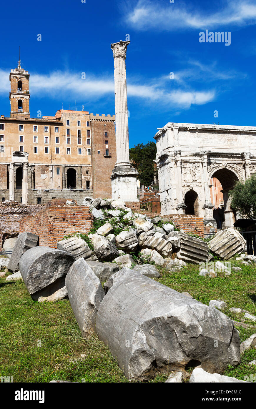 Old ruins and broken stone columns on grounds Roman Forum Rome, Italy ...