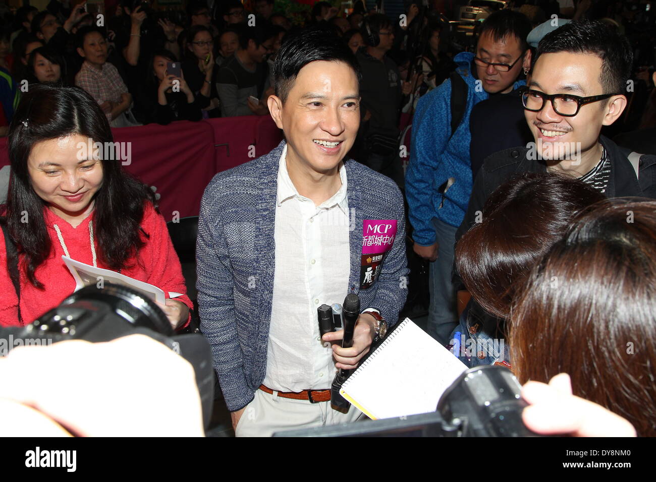 Hong Kong, China. 7th Apr, 2014. Nick Cheung and Daniel Wu promote film ...