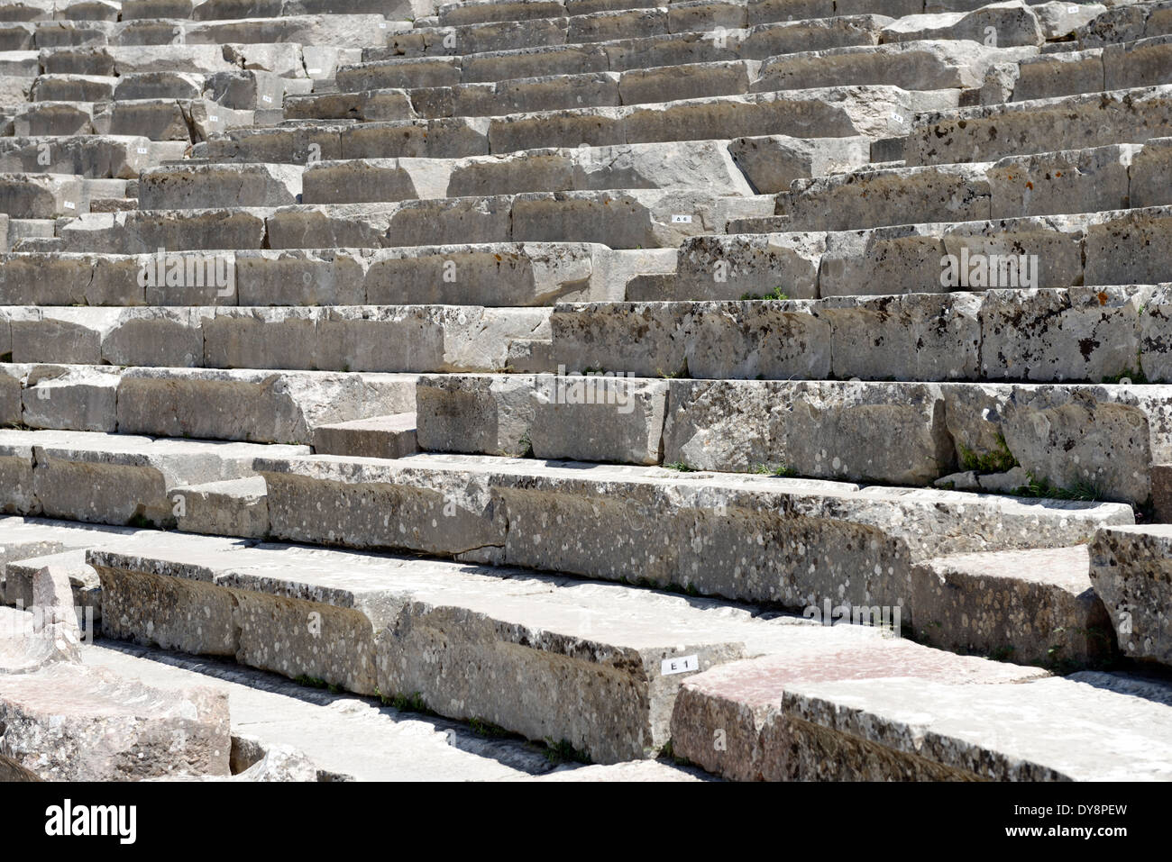 Limestone seating ancient Greek theatre at sanctuary Asklepios ...