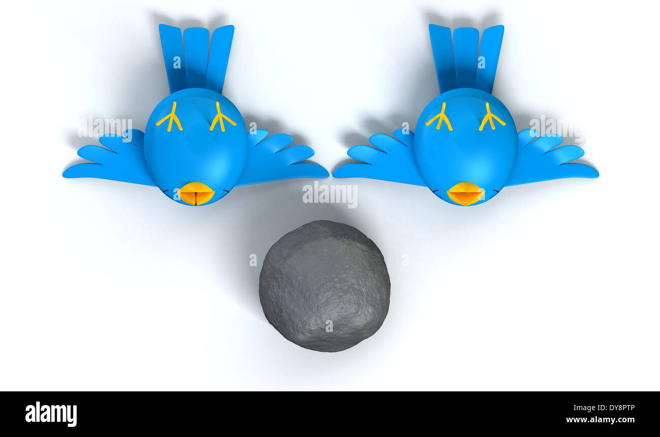 Two cartoon style blue birds with orange beaks apparently dead and ...