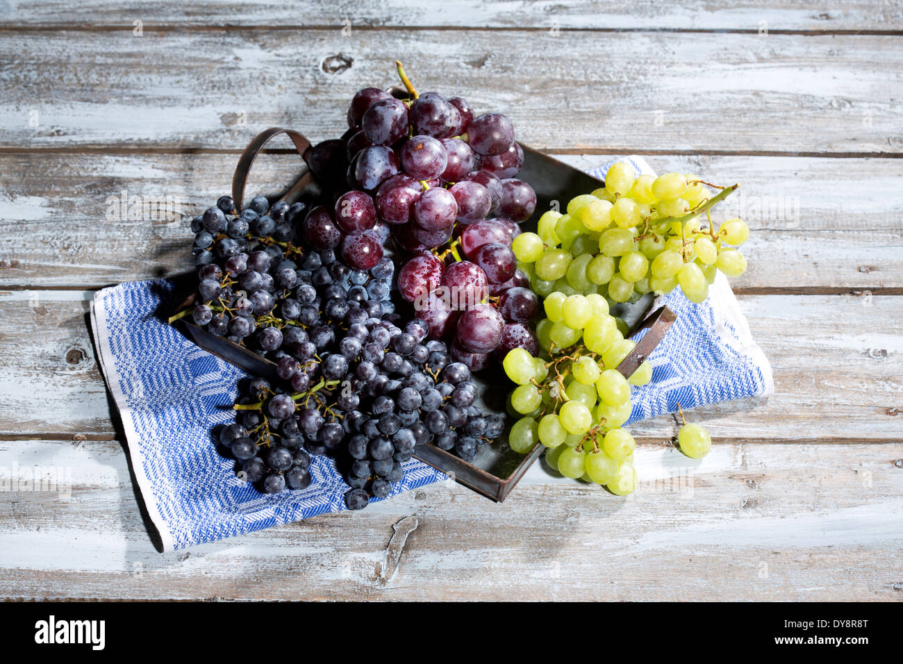 Metal tray of different green and blue grapes on kitchen towel and ...