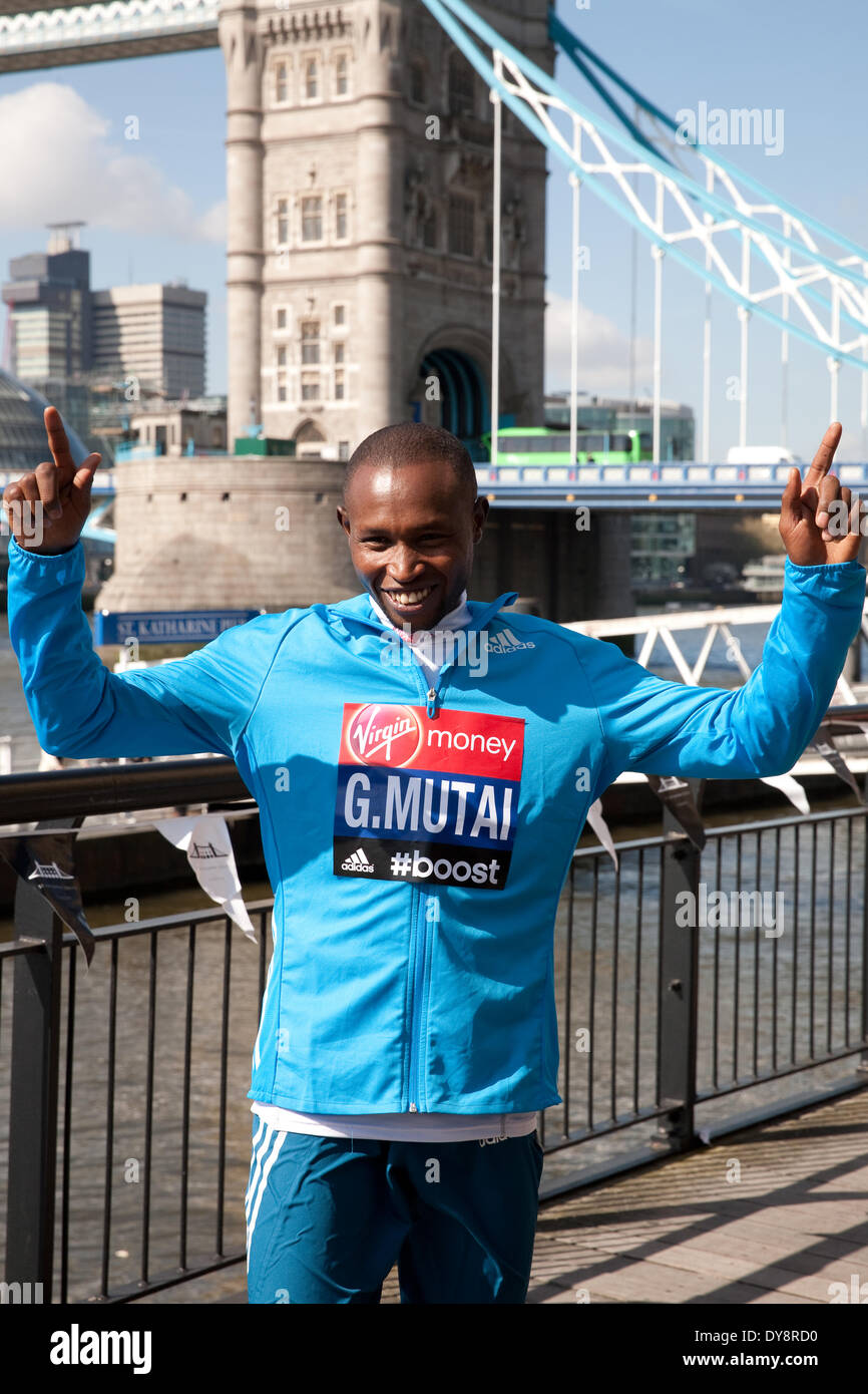 London, UK. 9th April, 2014. Geoffrey Mutai from Kenya posed at a ...