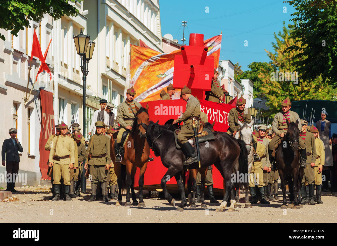 Festive parade on the city street. Red Army soldiers on horses Stock ...