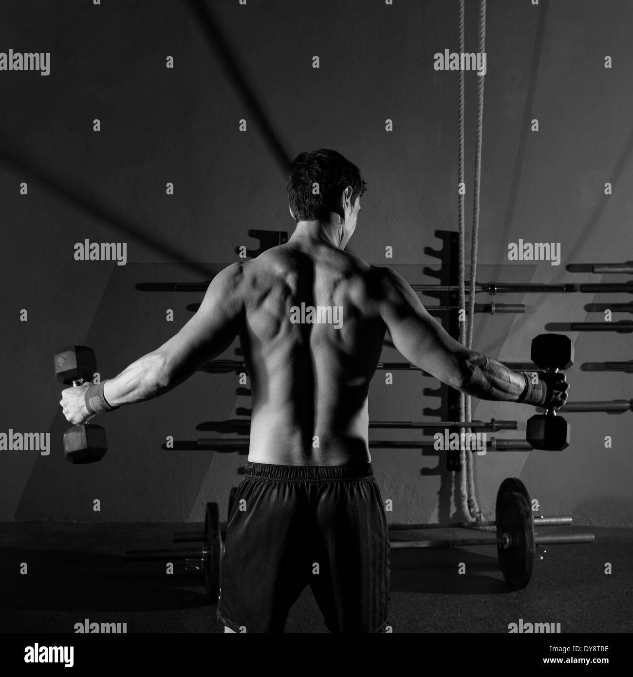 hex dumbbells man workout rear view back exercise at gym box Stock ...