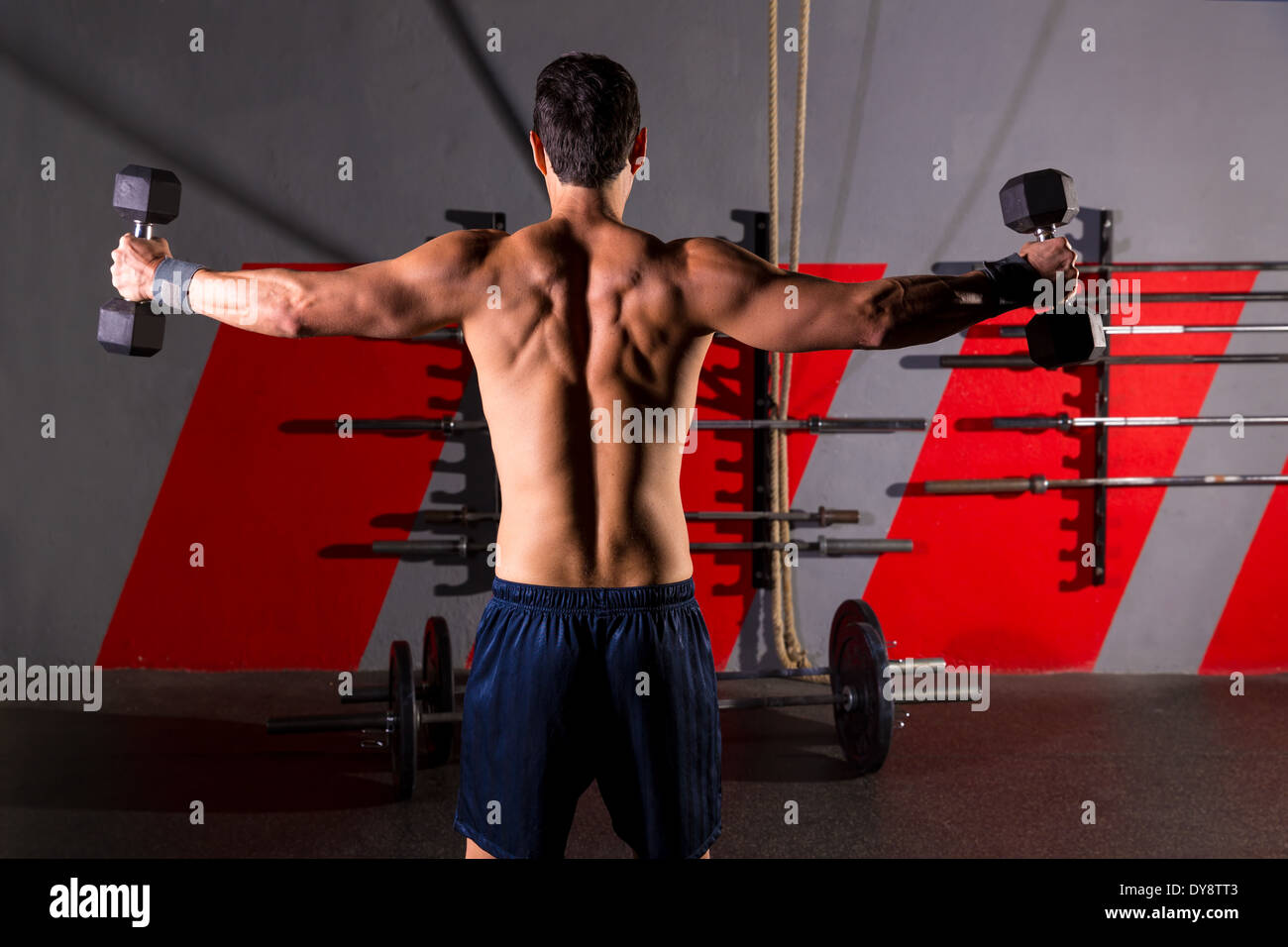 hex dumbbells man workout rear view back exercise at gym box Stock ...