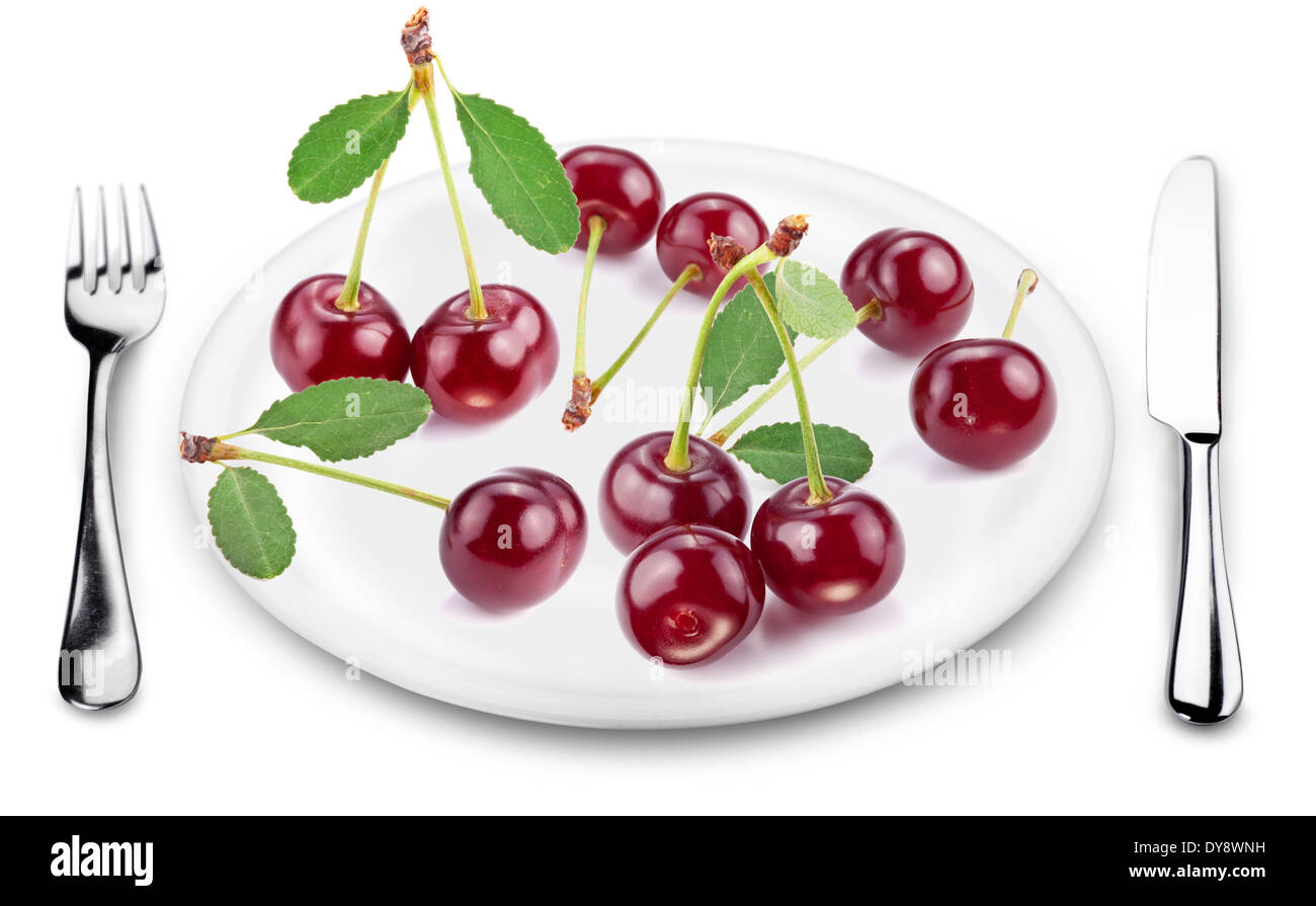 Cherries on a plate. White background Stock Photo - Alamy