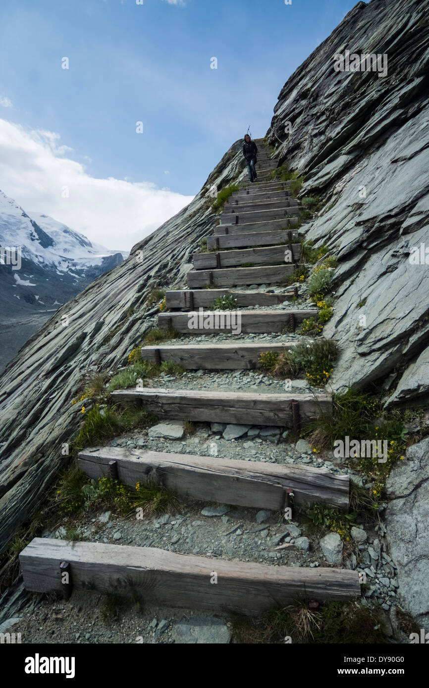 Austria, Grossglockner, Mount Johannisberg, Pasterze Glacier, hikers ...
