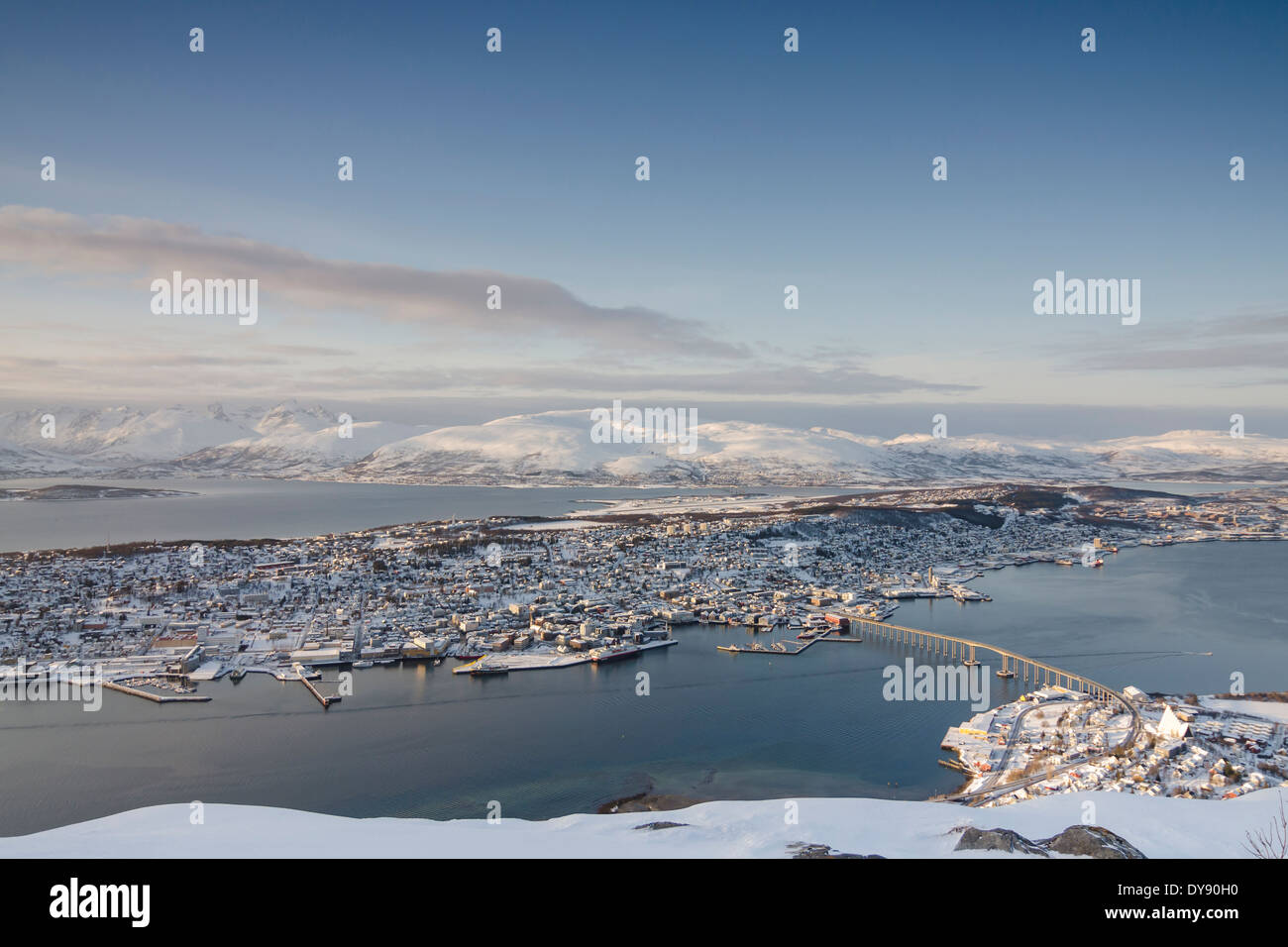Norway, Troms, Tromso, View from Storsteinen, Cityscape, Tromso Bridge ...