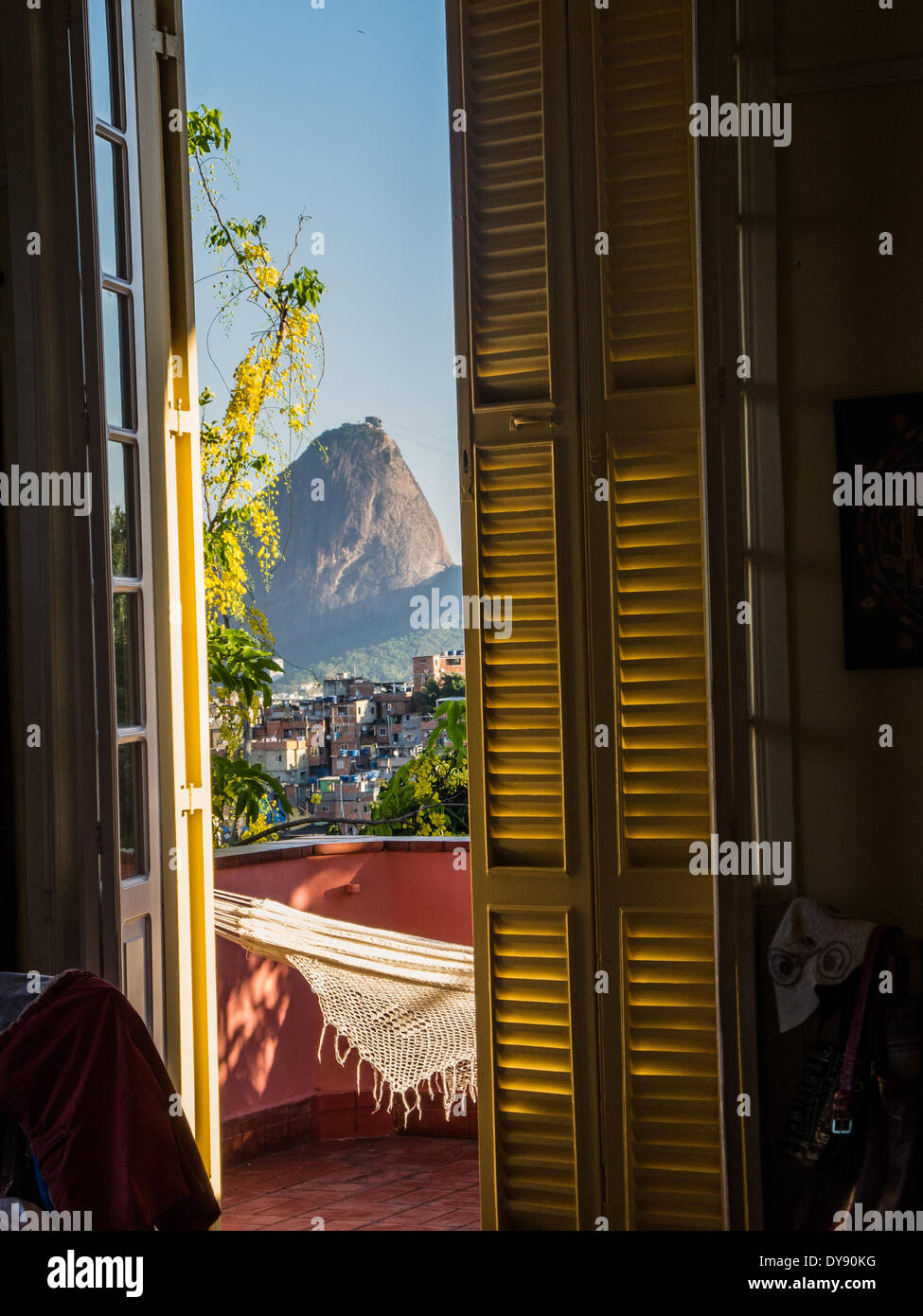 View thought Terrace window from Santa Teresa to Shugarloaf with Favela ...