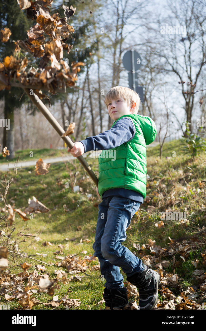 Boy with rake throwing autumn foliage in the air Stock Photo - Alamy
