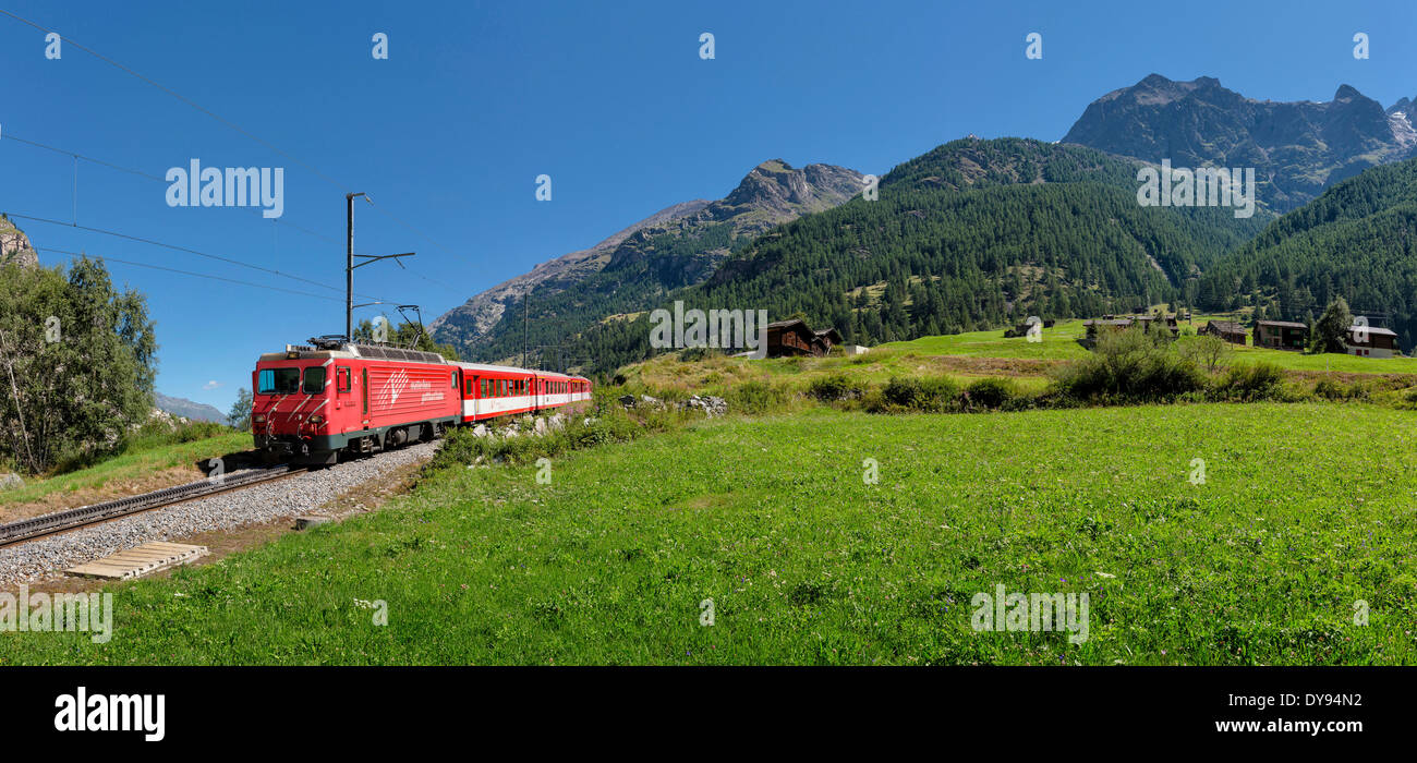 railway train Matterhorn-Gotthard Zermatt landscape field meadow summer ...