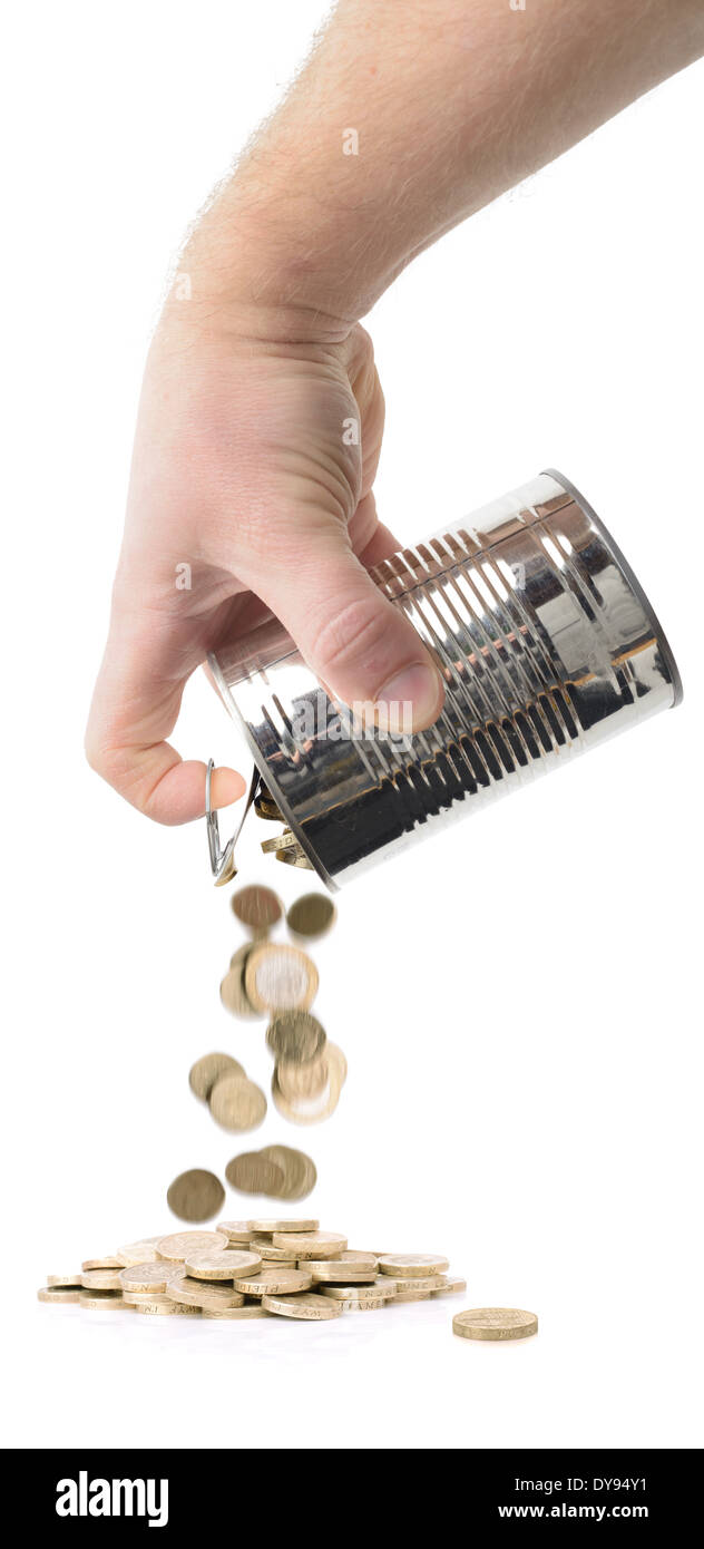 money pouring out from an opened can isolated on a white background ...