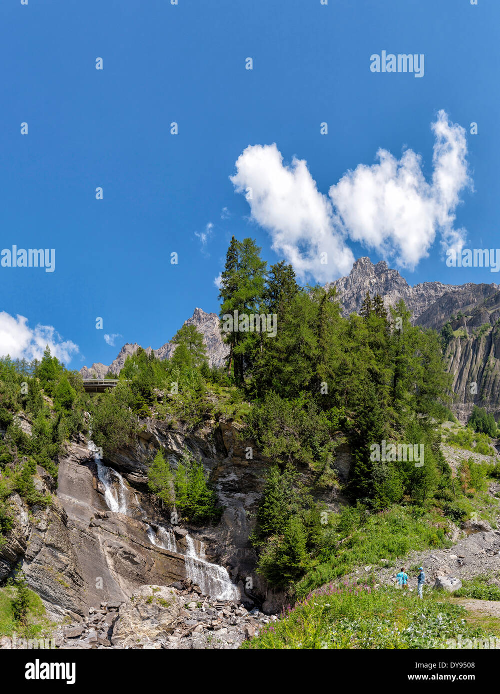 Waterfall, Route du Sanetsch, landscape, water, trees, summer ...