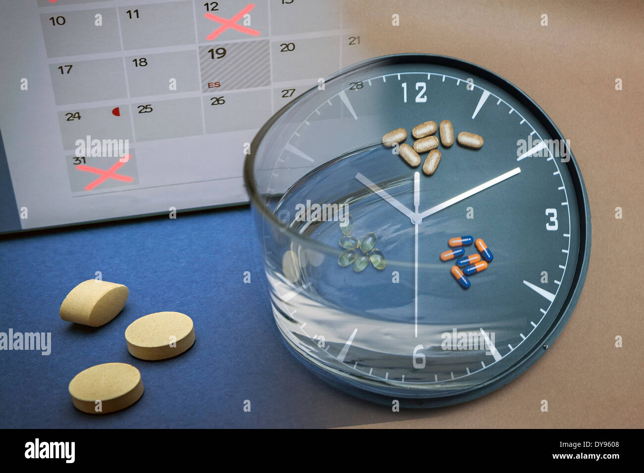 concept for Healthcare And Medicine, a clock marks the time of taking ...