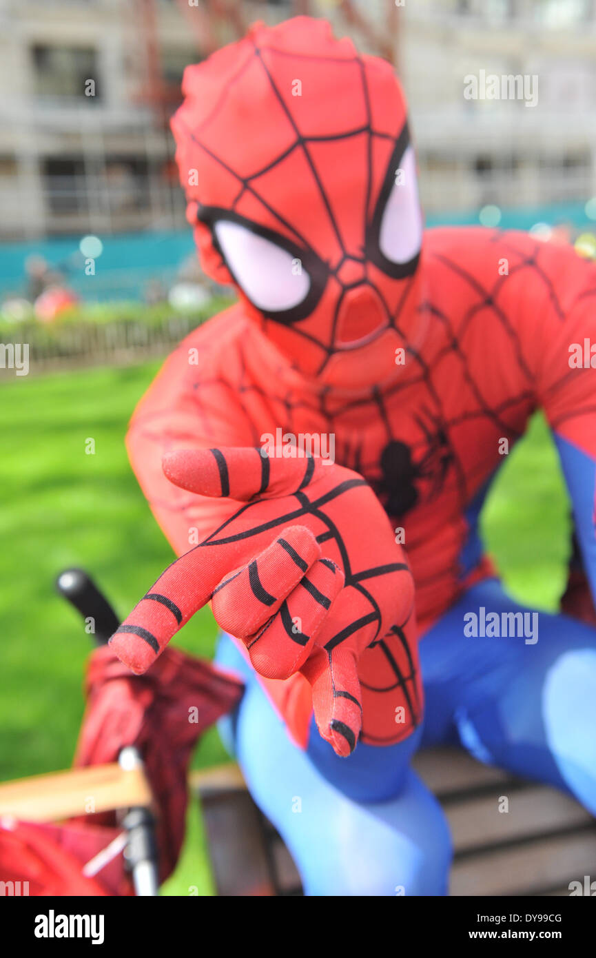 Leicester Square, London, UK. 10th April 2014. A man in his Spider Man ...