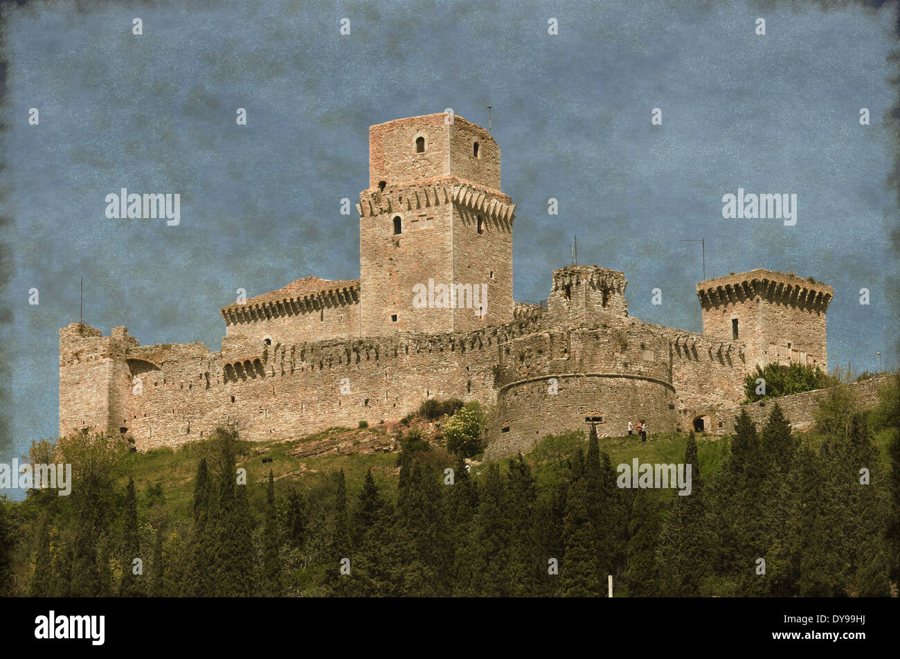 Vintage image of the Major Fortress in Assisi, Italy Stock Photo - Alamy