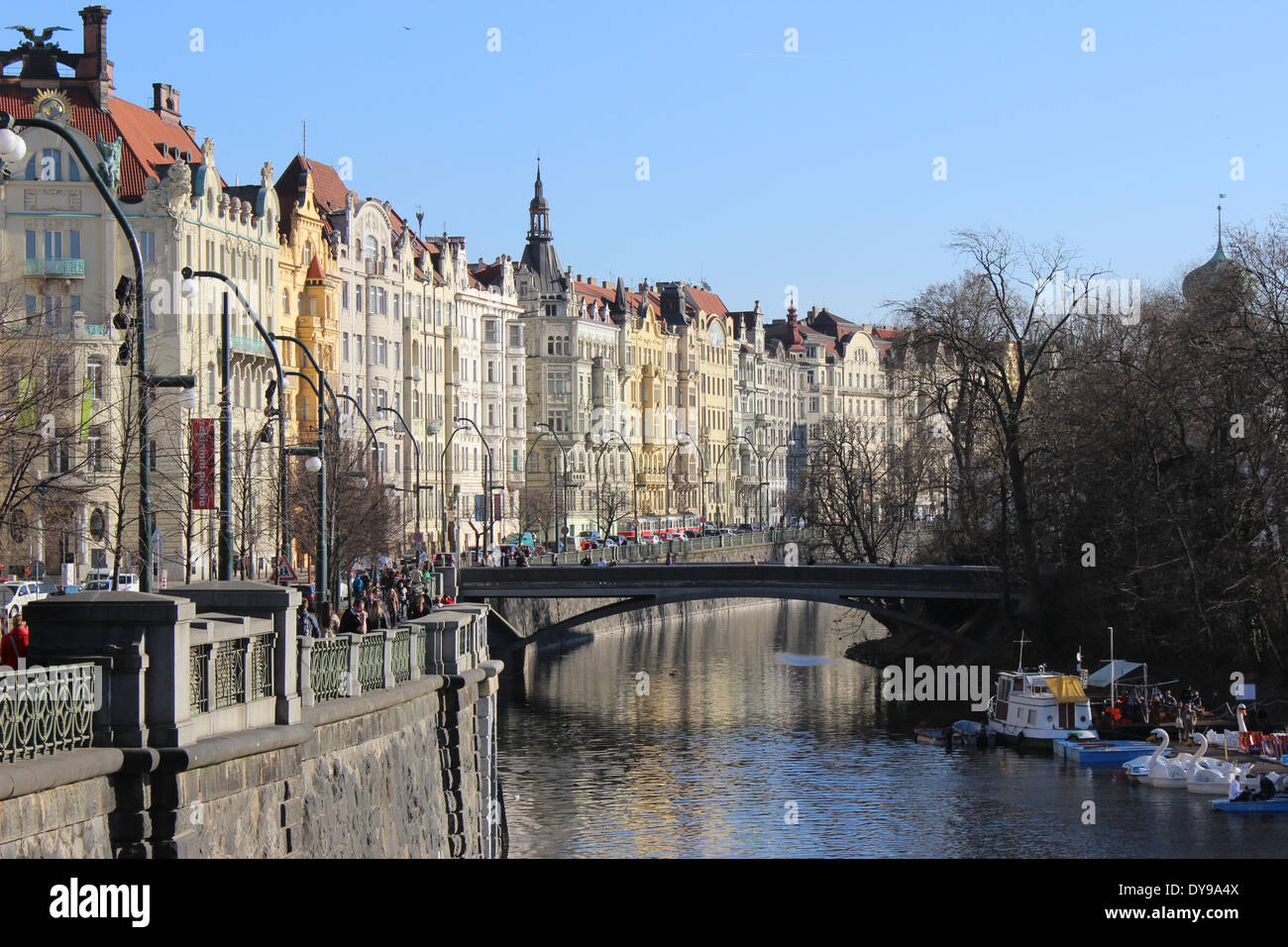 A view southwards from Legion Bridge, Prague, with frontages of grand ...