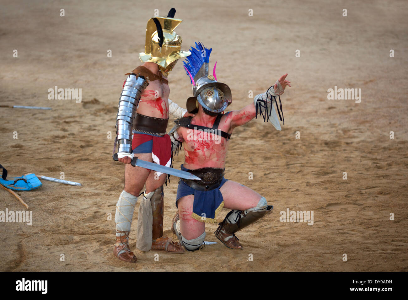 Performing of gladiators fighting of Merida's Amphitheater Stock Photo ...