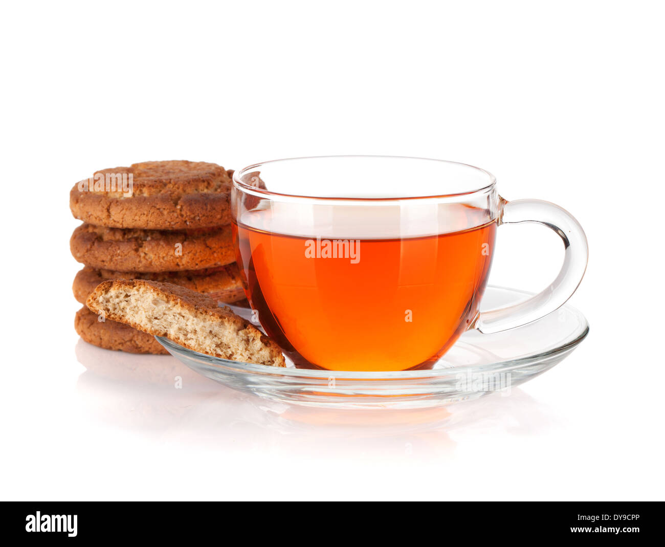 Glass cup of black tea with homemade cookies. Isolated on white ...