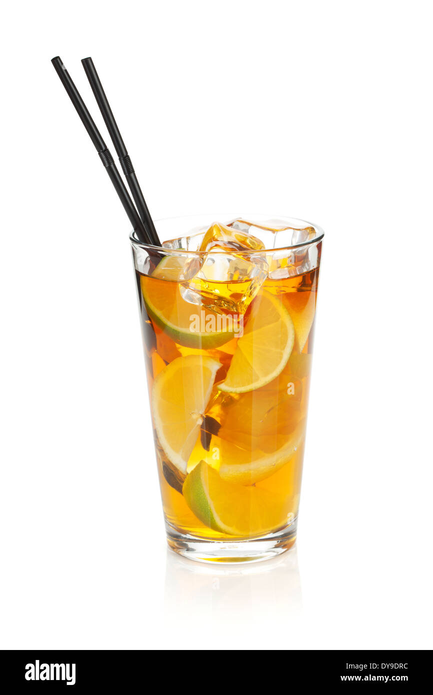 Glass of ice tea with lemon and lime. Isolated on white background ...