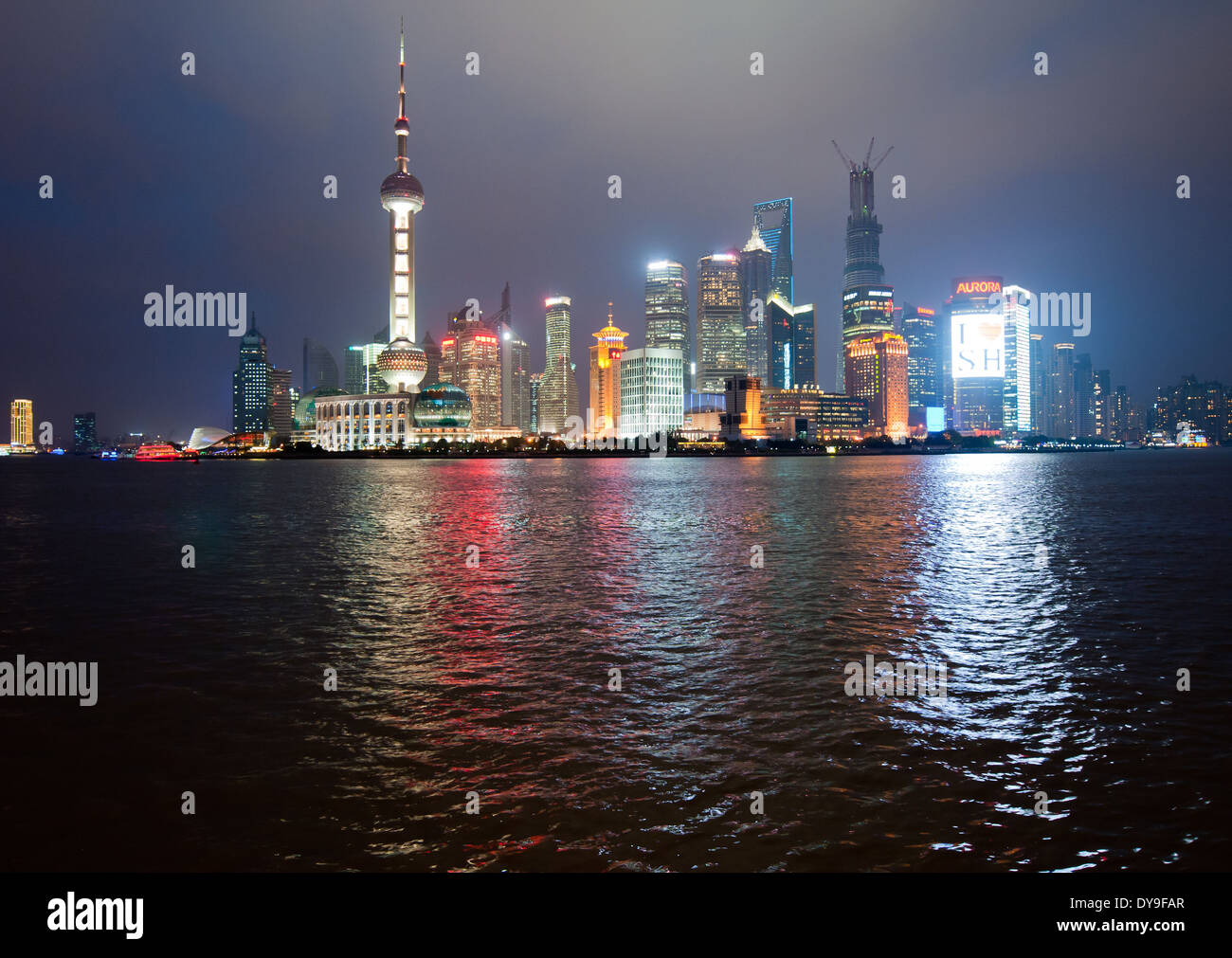 night view on Pudong skyline seen from the Bund in Shanghai, China ...