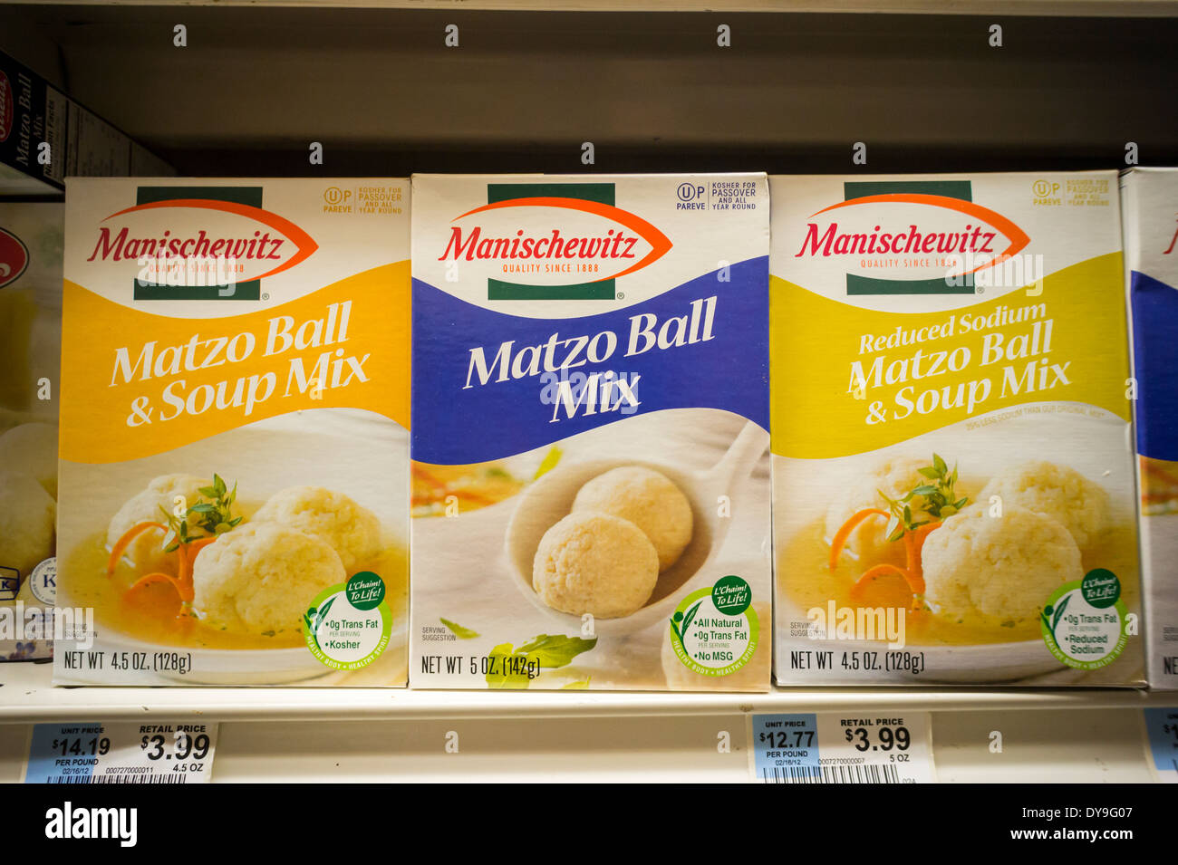 Boxes of Manischewitz matzos ball mix are seen on a supermarket shelf ...