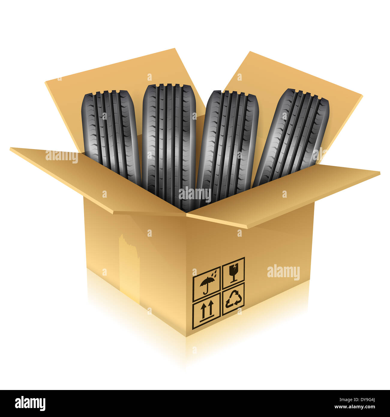 Open Cardboard Box with Four Tires, isolated on white background Stock ...