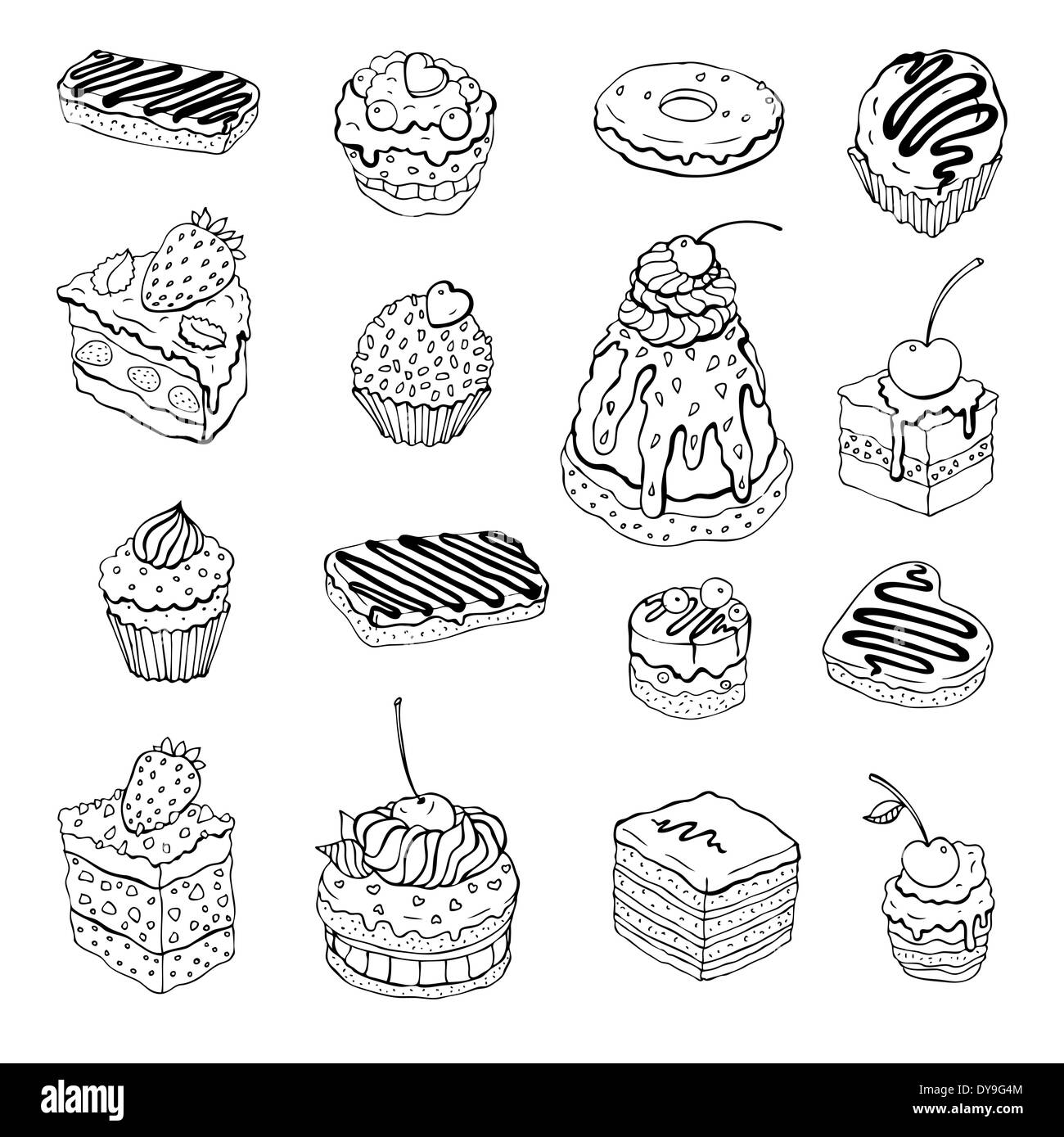 Set of cute cake. Contour illustration Stock Photo - Alamy