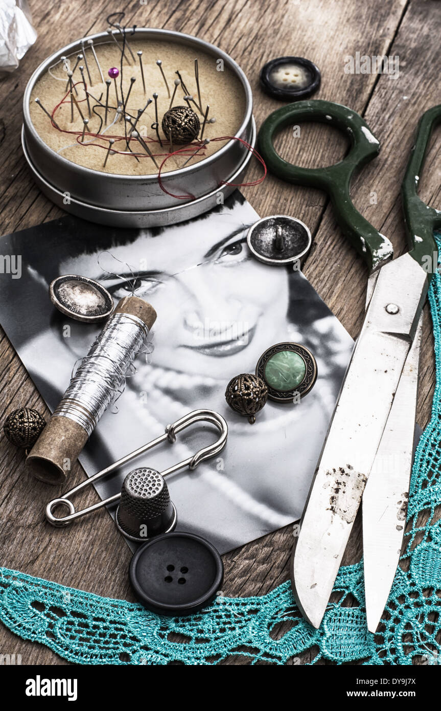 buttons and sewing tools Stock Photo - Alamy
