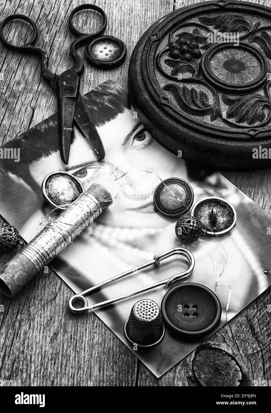 buttons and sewing tools Stock Photo - Alamy