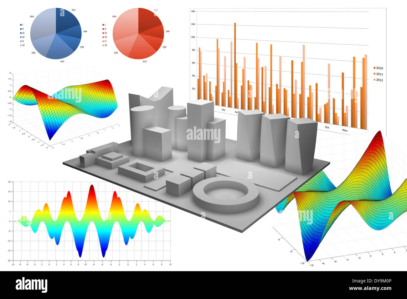 Abstract illustration of some building with different graphs Stock ...