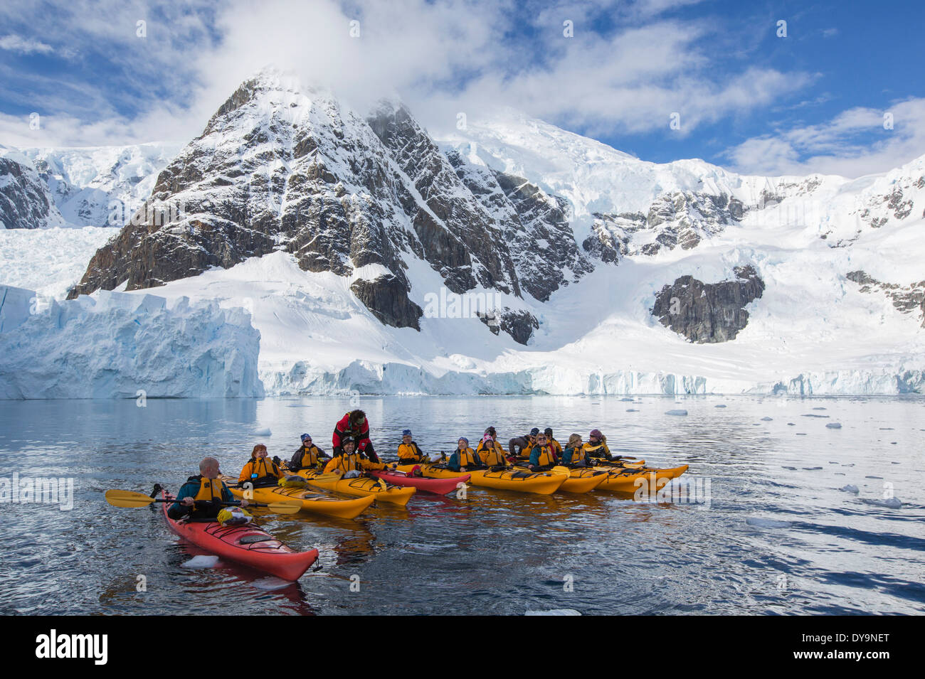 Members of an expedition cruise to Antarctica sea kayaking in Paradise ...