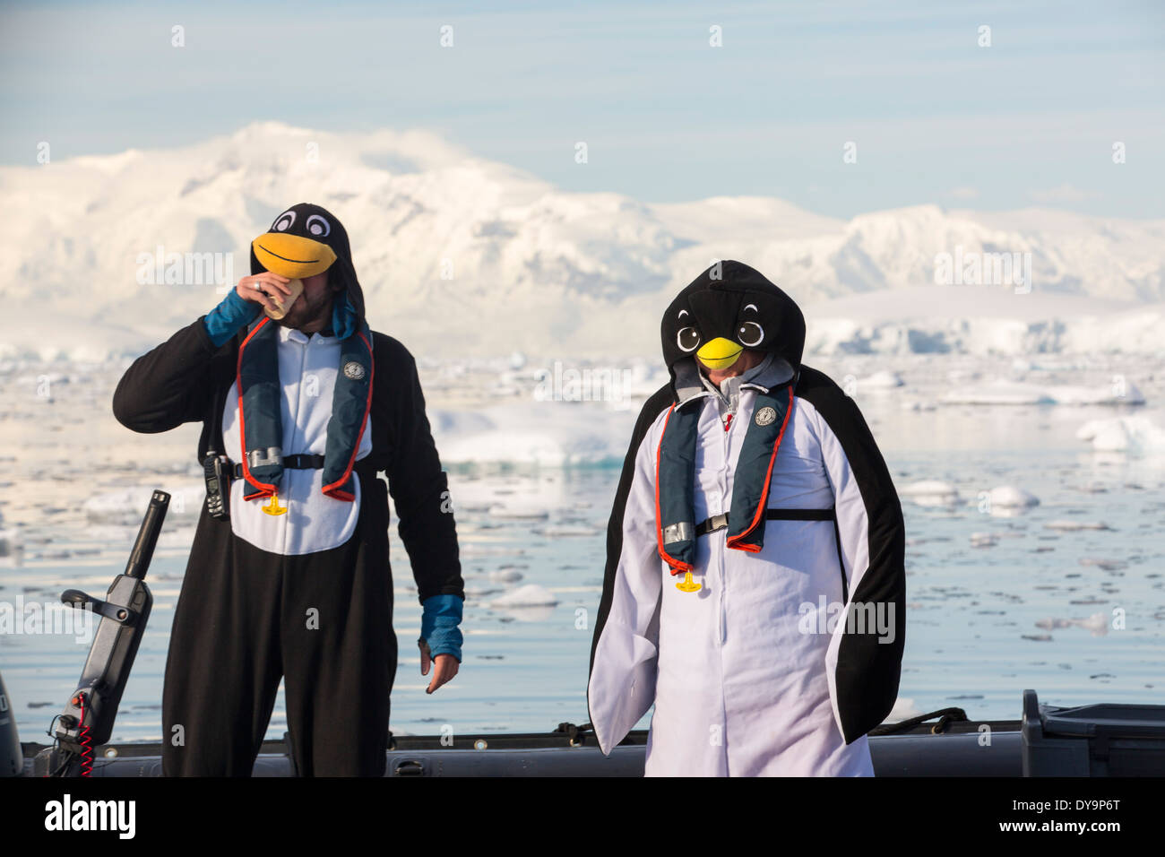 Crew members of an expedition cruise to Antarctica in a Zodiak in ...