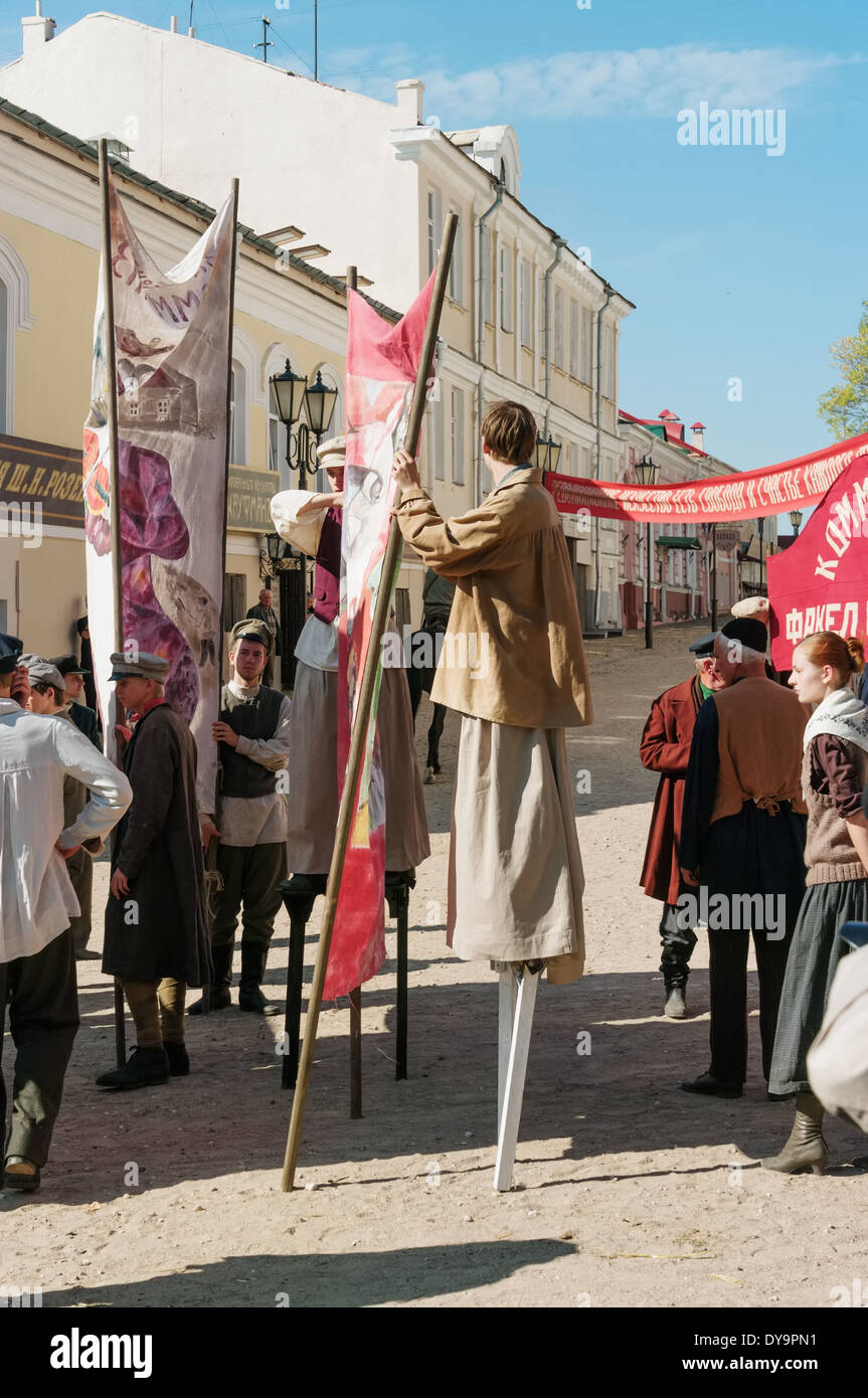 Festive parade on the city street. Demonstrators with posters Stock ...