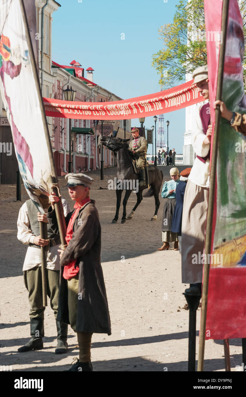 Festive parade on the city street. Demonstrators with posters Stock ...