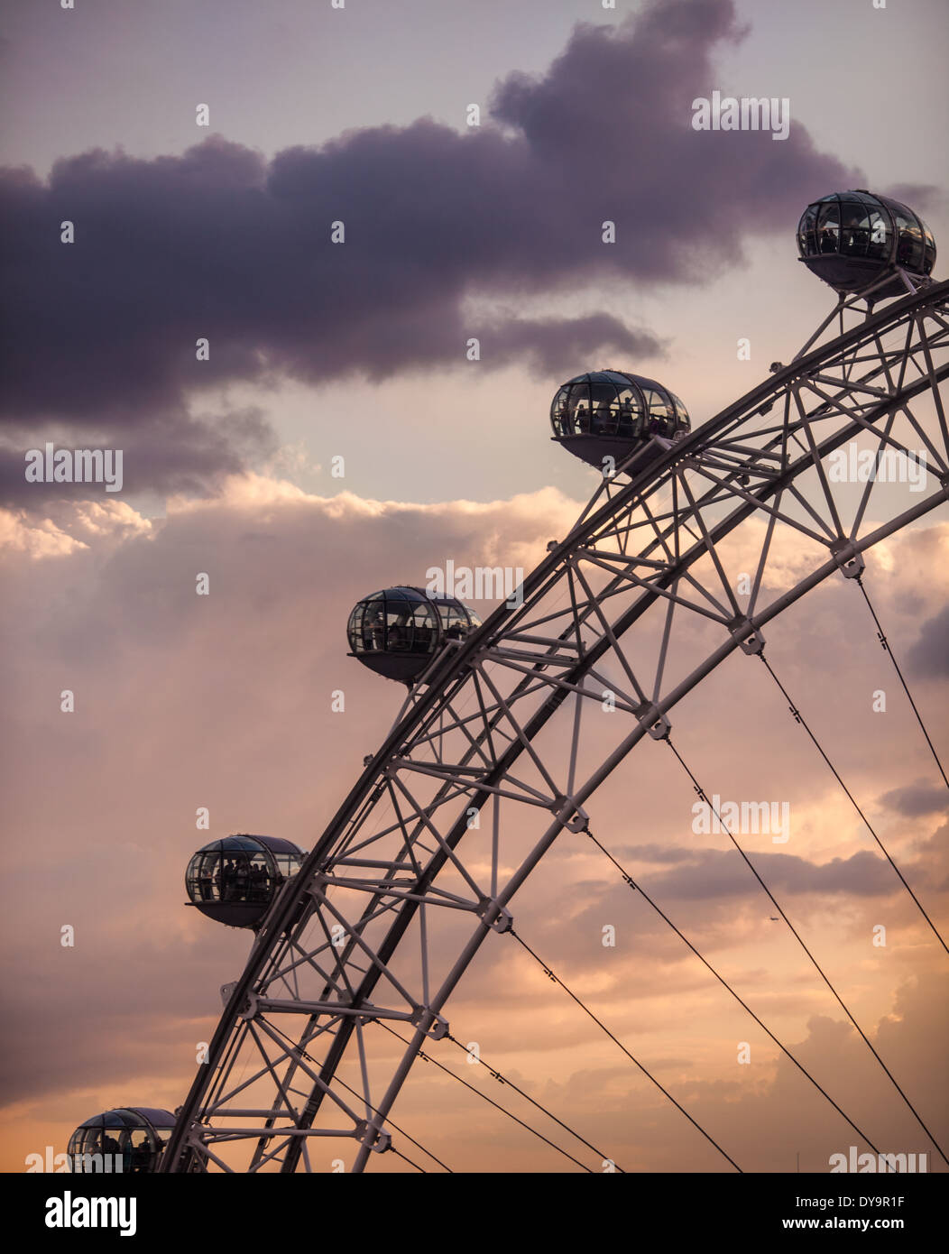 A close-up shot of the London Eye wheel against a dramatic sky Stock ...