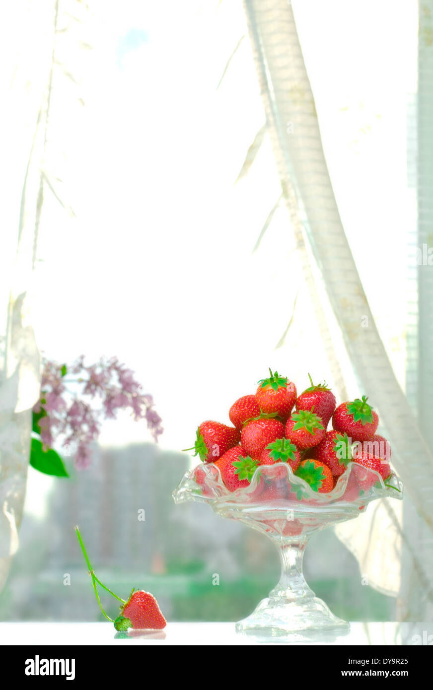 High key photo of fruit dish filled with nice red strawberries Stock ...
