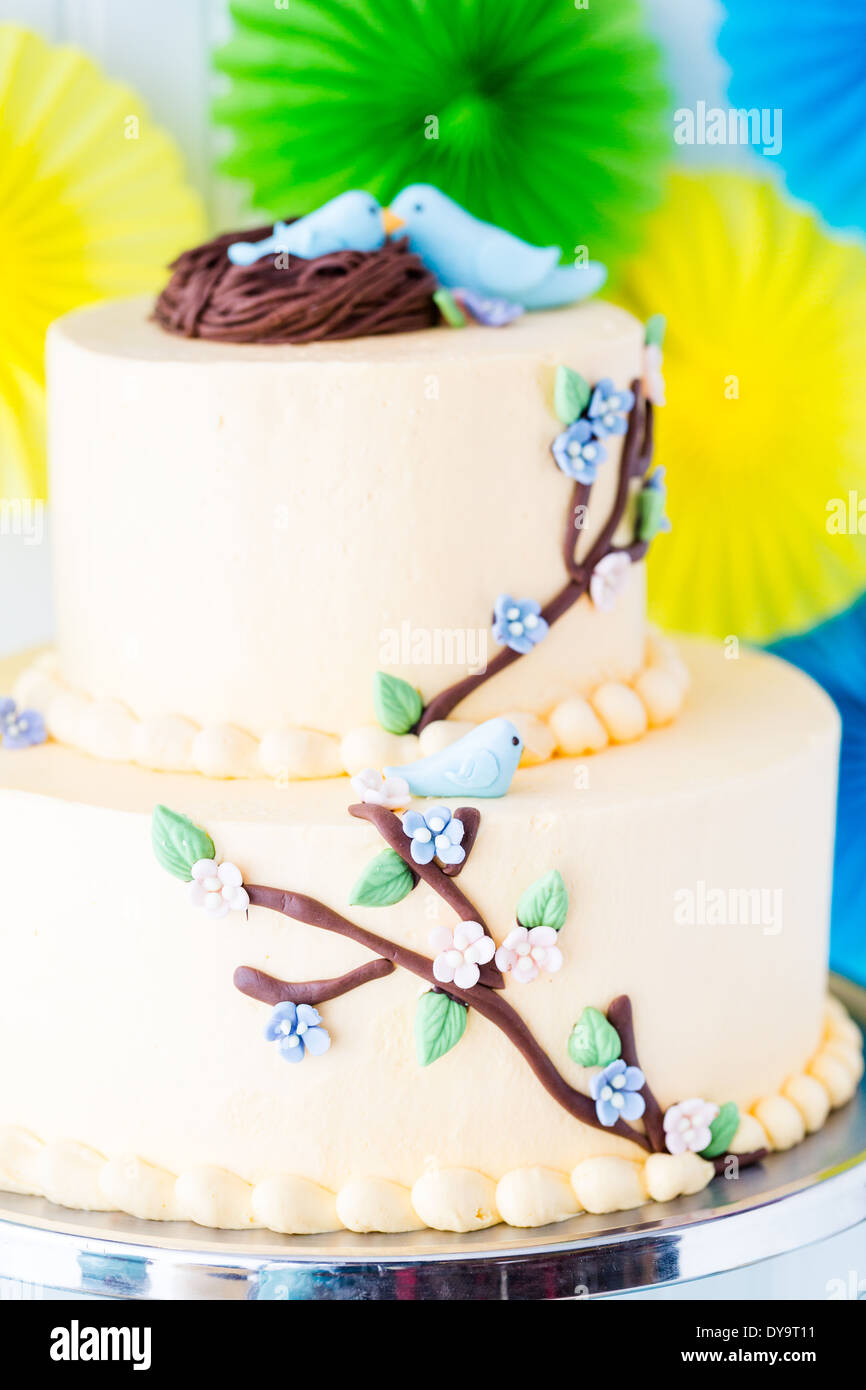 Gourmet Spring two layer cake with blue birds and spring flowers Stock ...