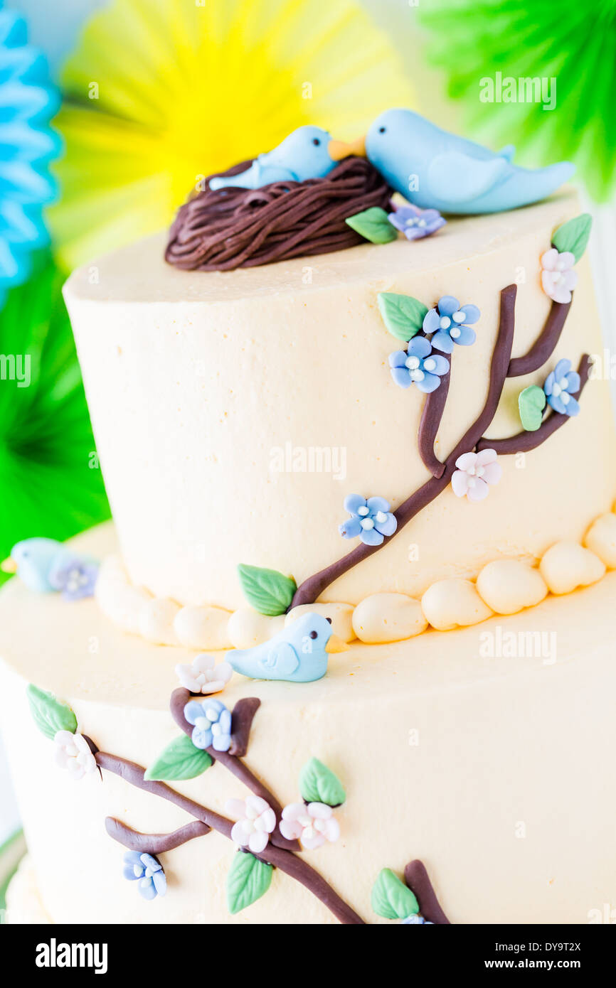 Gourmet Spring two layer cake with blue birds and spring flowers Stock ...