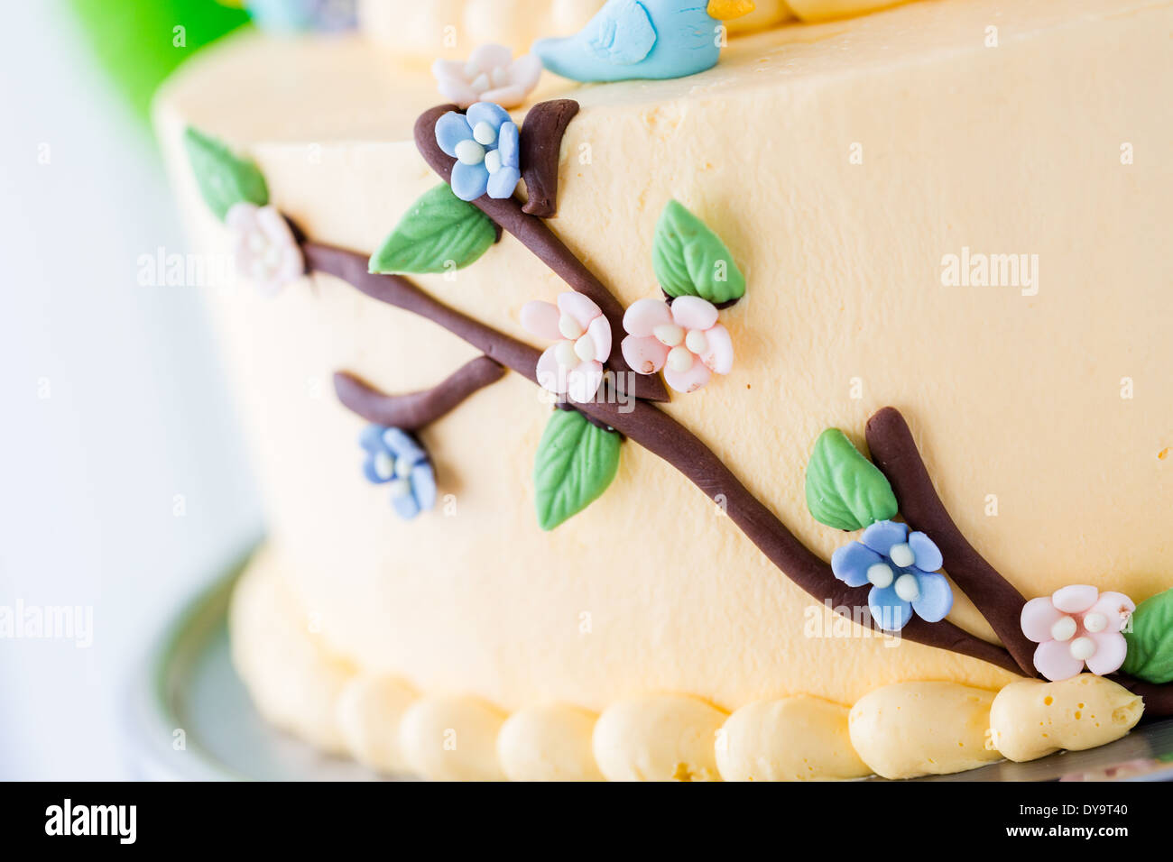 Gourmet Spring two layer cake with blue birds and spring flowers Stock ...