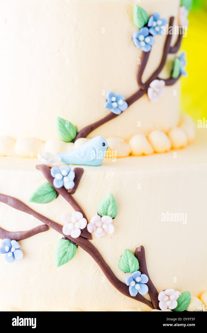 Gourmet Spring two layer cake with blue birds and spring flowers Stock ...