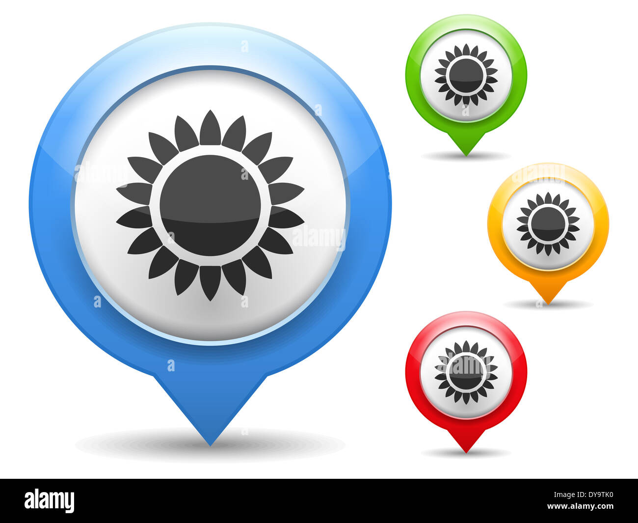 Map marker with icon of a sun Stock Photo - Alamy