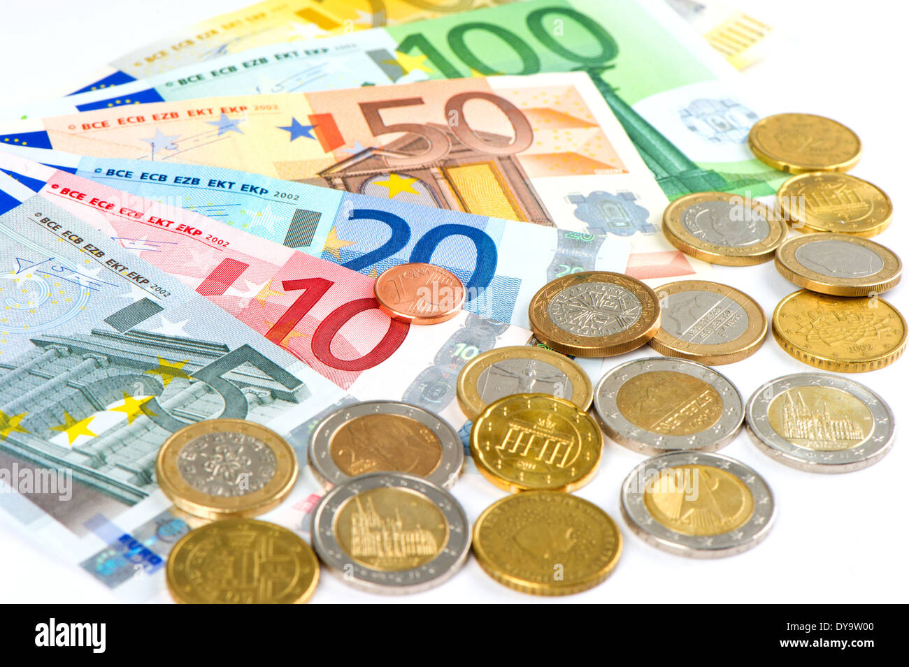 euro cash. coins and banknotes on white background Stock Photo - Alamy