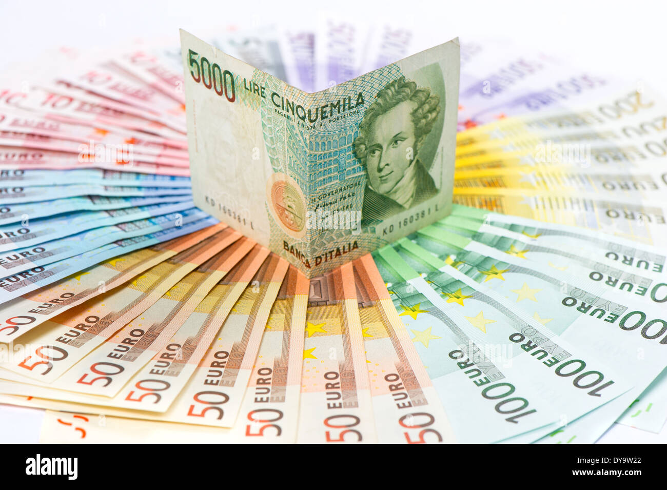 euro crisis concept. old italian lire (its no existing money) over euro ...