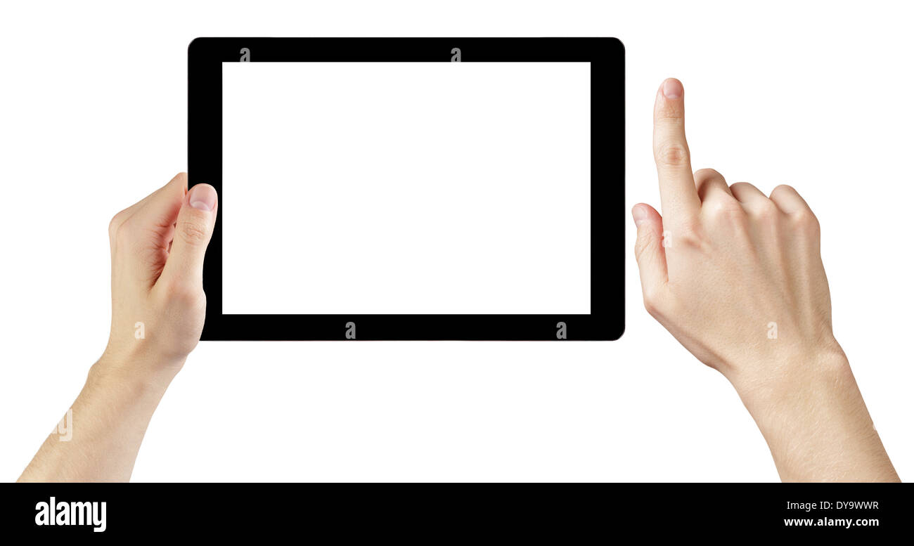 adult man hands using generic tablet pc with white screen, isolated on ...