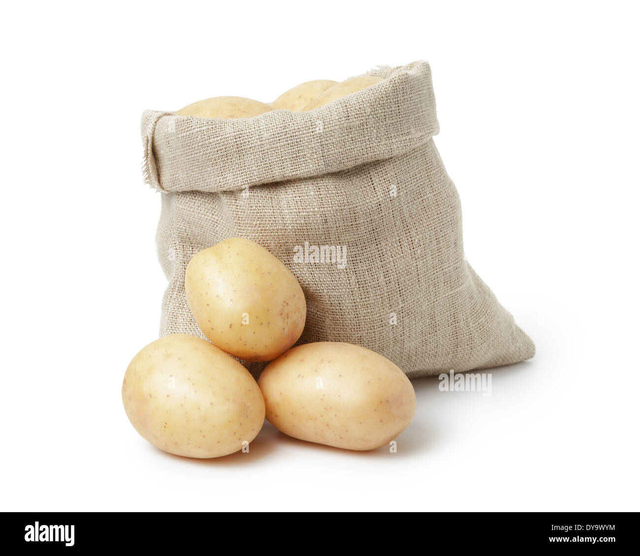 fresh young potato in sack bag, isolated on white Stock Photo - Alamy