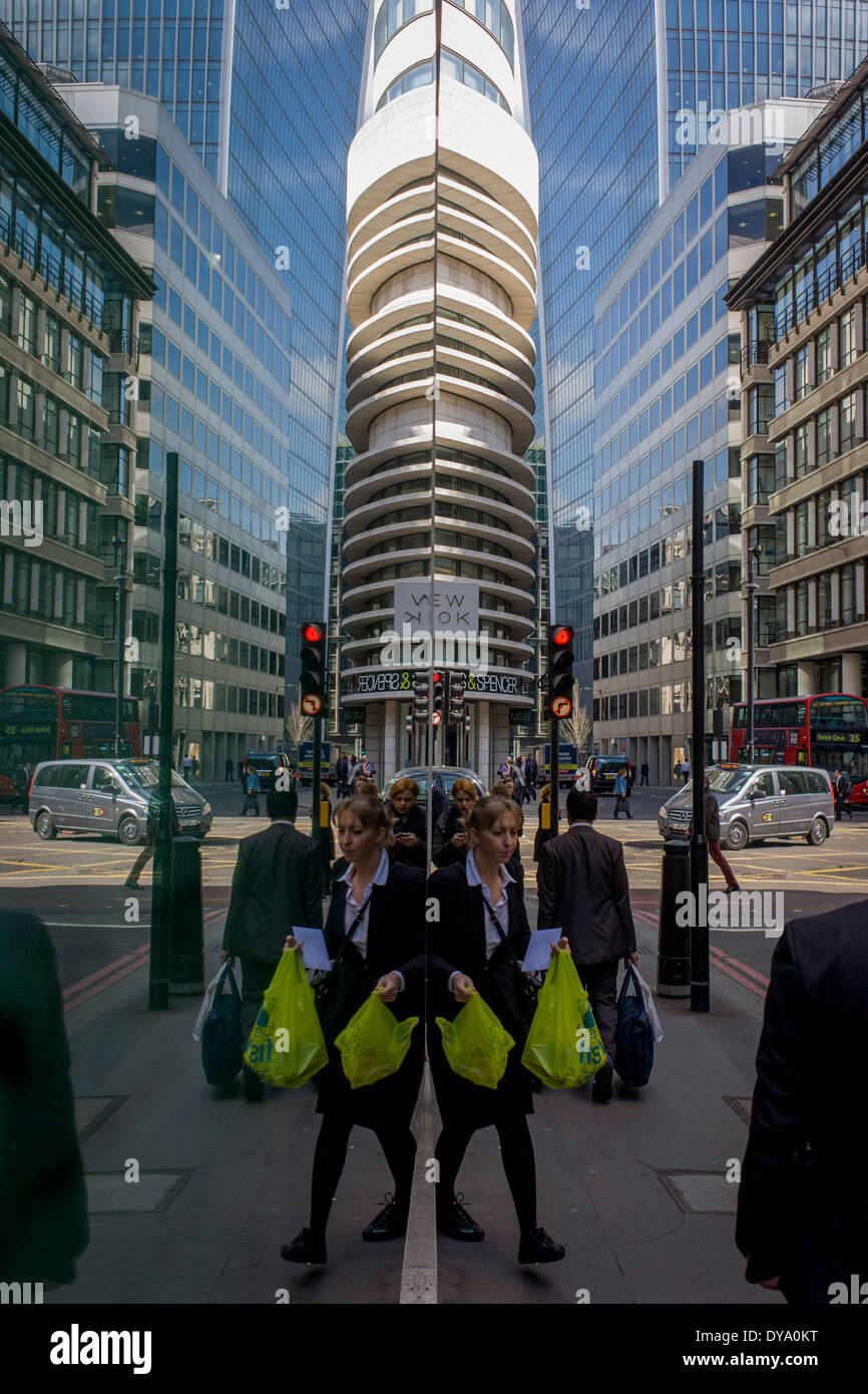 A symmetrical scene of London city workers out walking and shopping at ...