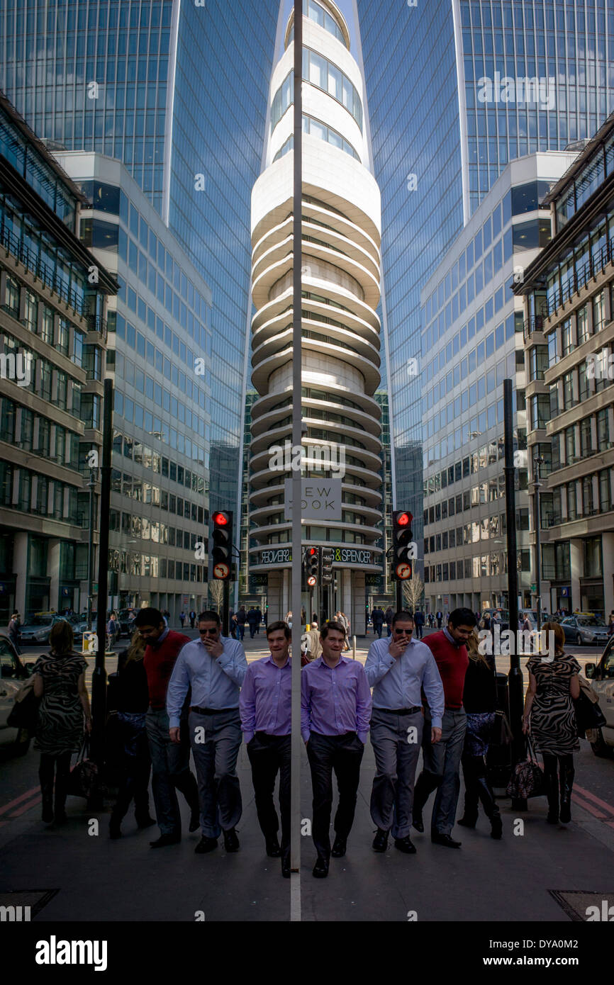 A symmetrical scene of London city workers out walking and shopping at ...