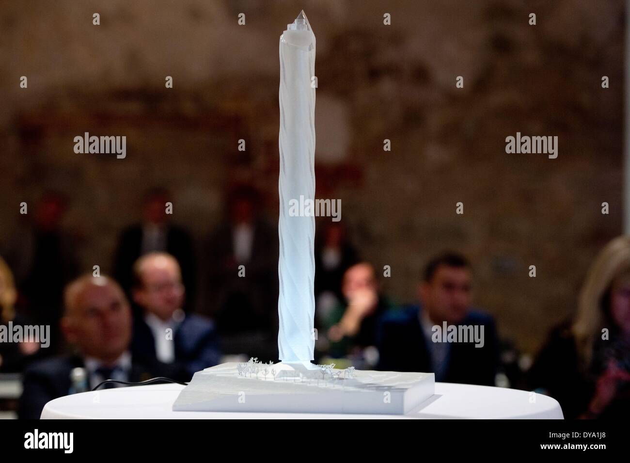 Rottweil, Germany. 11th Apr, 2014. The model of a test tower is ...